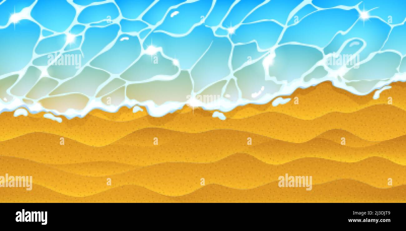 Summer sandy beach and sea waves top view. Ocean shore and shiny water ...