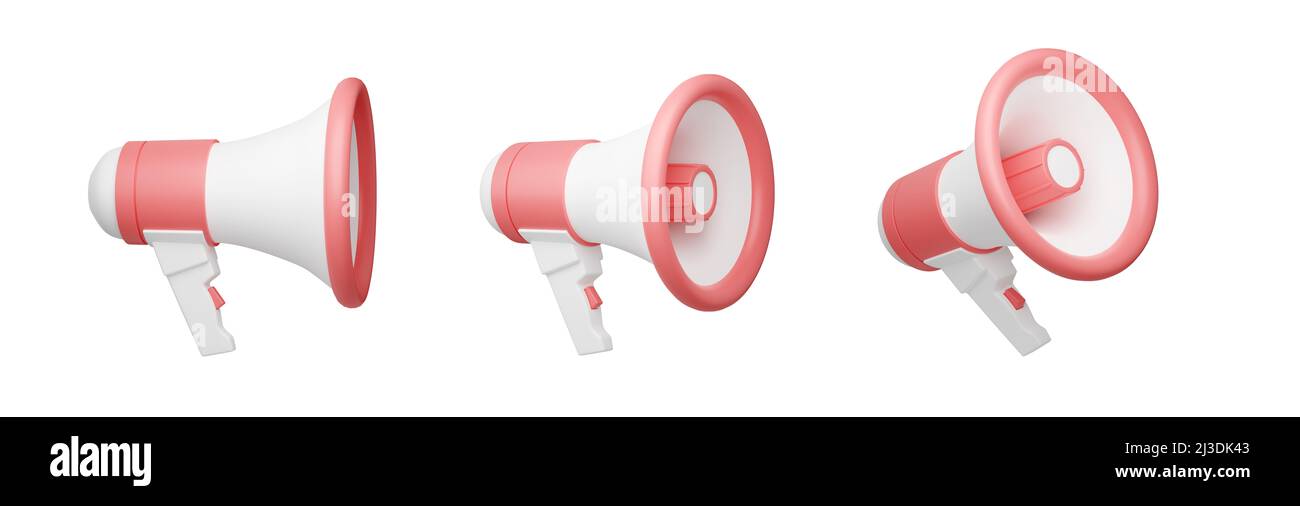 Loudspeaker 3d render illustration set. Collection of pink megaphone of ...
