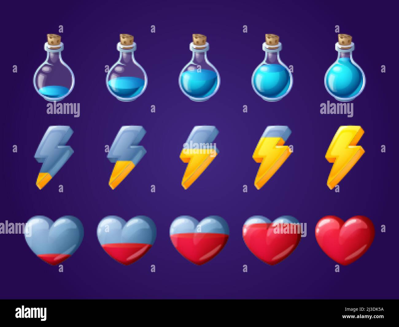 Game icons of heart, lightning and potion bottle with fill progress ...