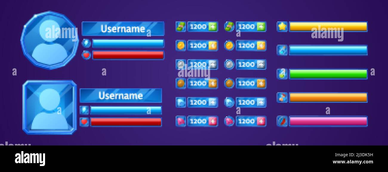 User profile ui elements for game with avatar, bars and icons in round ...