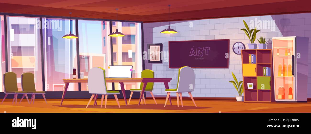 Coworking office with laptop on desk, chairs, blackboard on wall and ...