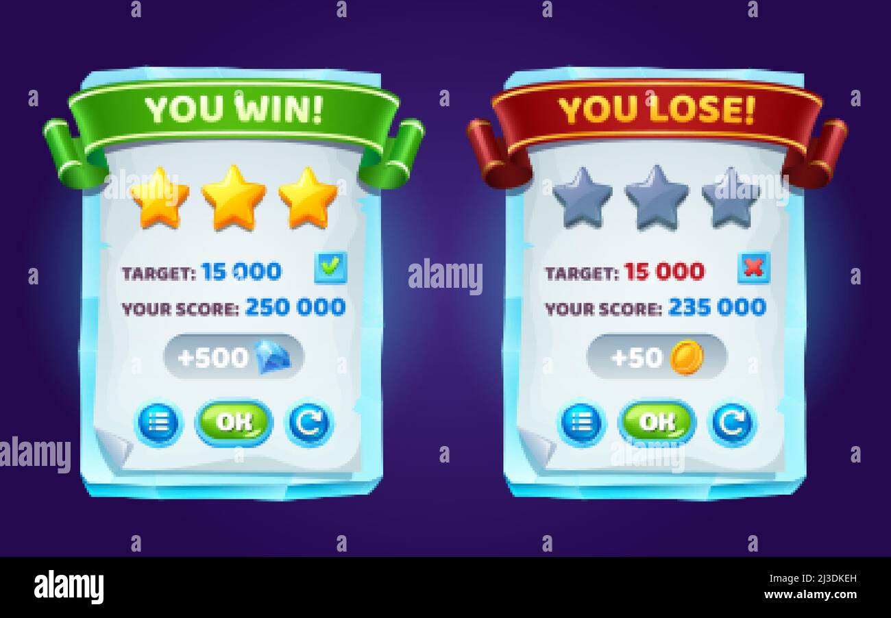 Game ui interface boards with level score, win and lose banners with ...