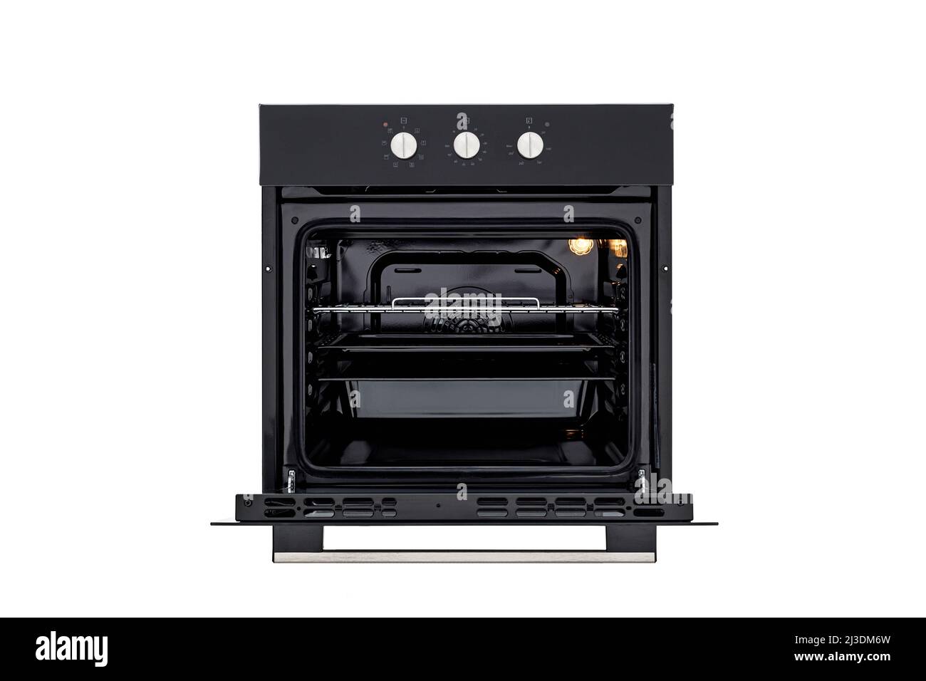Black oven with open door and three trays, front view, isolate on white ...