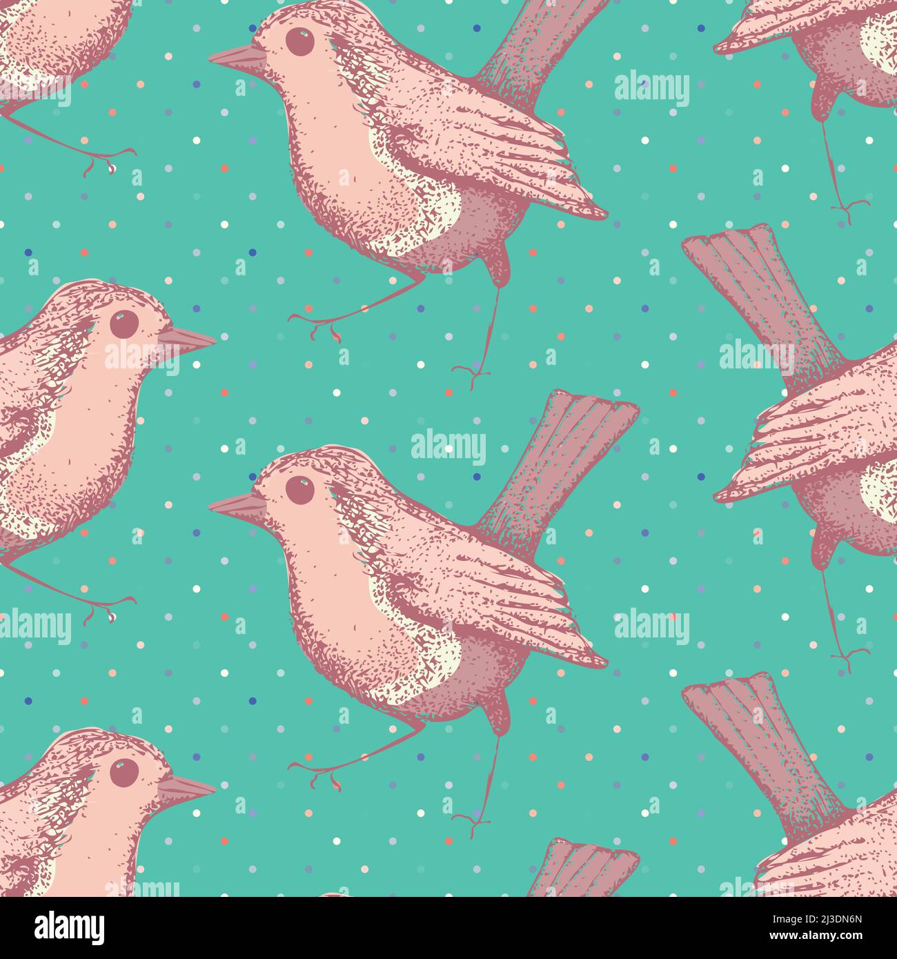 Robin Redbreast vintage vector seamless pattern background. Pink and light teal winter bird on ...