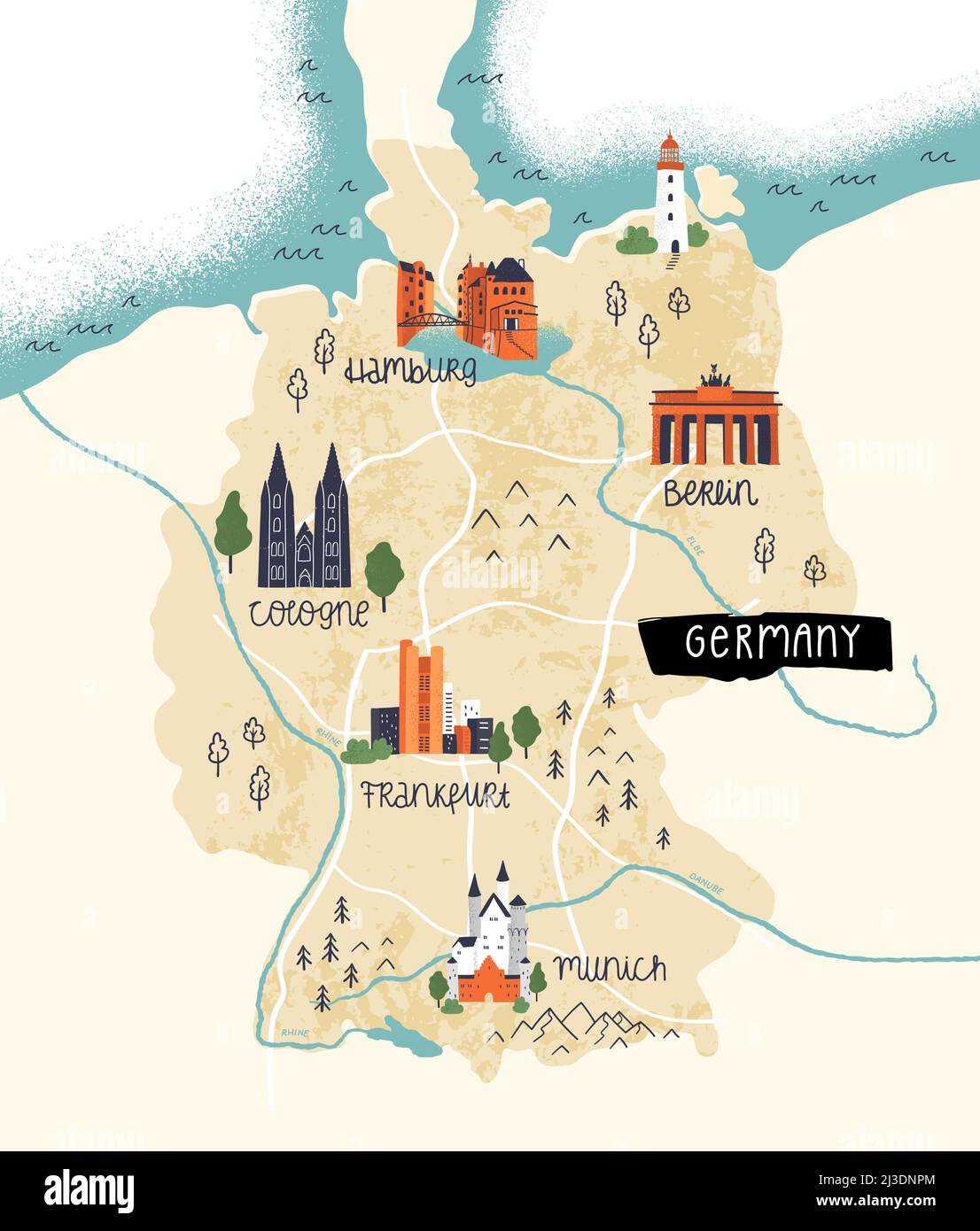 Lovely hand drawn map of Germany with landmarks, cities, rivers, roads - great for banners ...