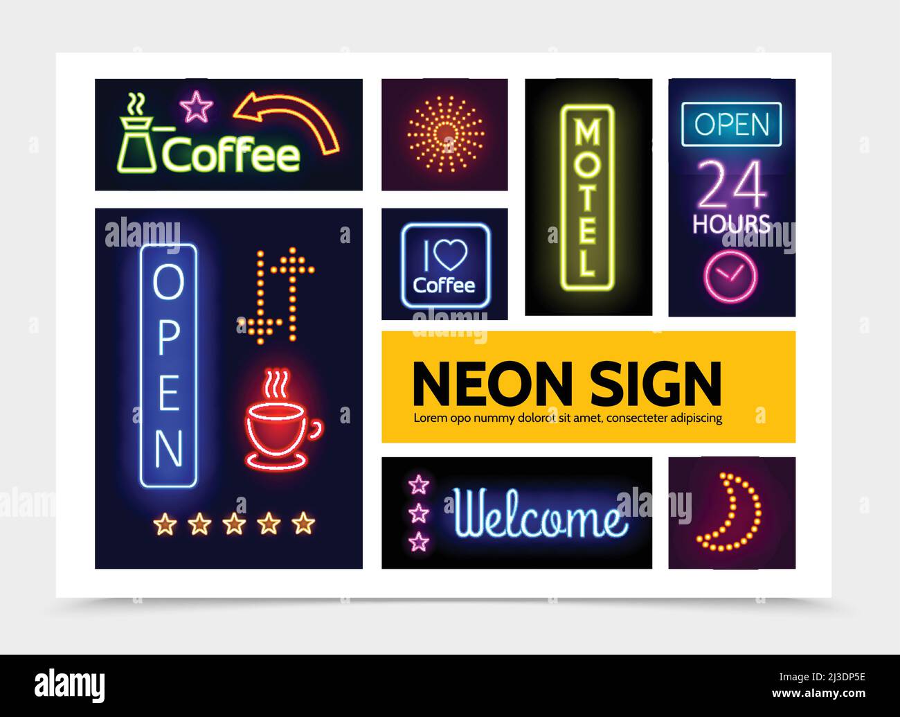 Advertising neon signs infographic template with bright colorful frames ...