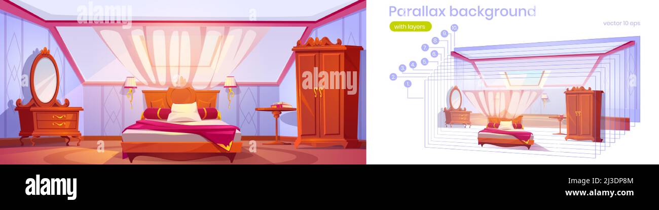 Parallax background attic bedroom or guest room 2d interior with bed ...