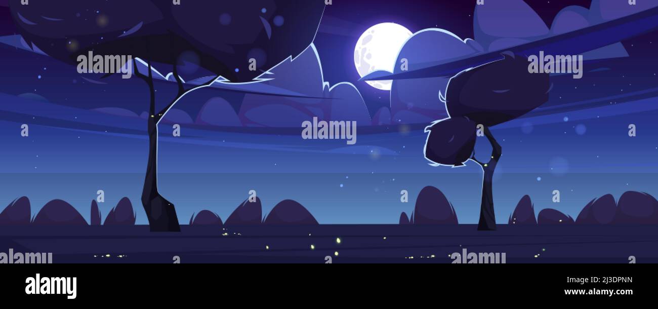 Summer landscape with grass, bushes and trees at night. Vector cartoon ...