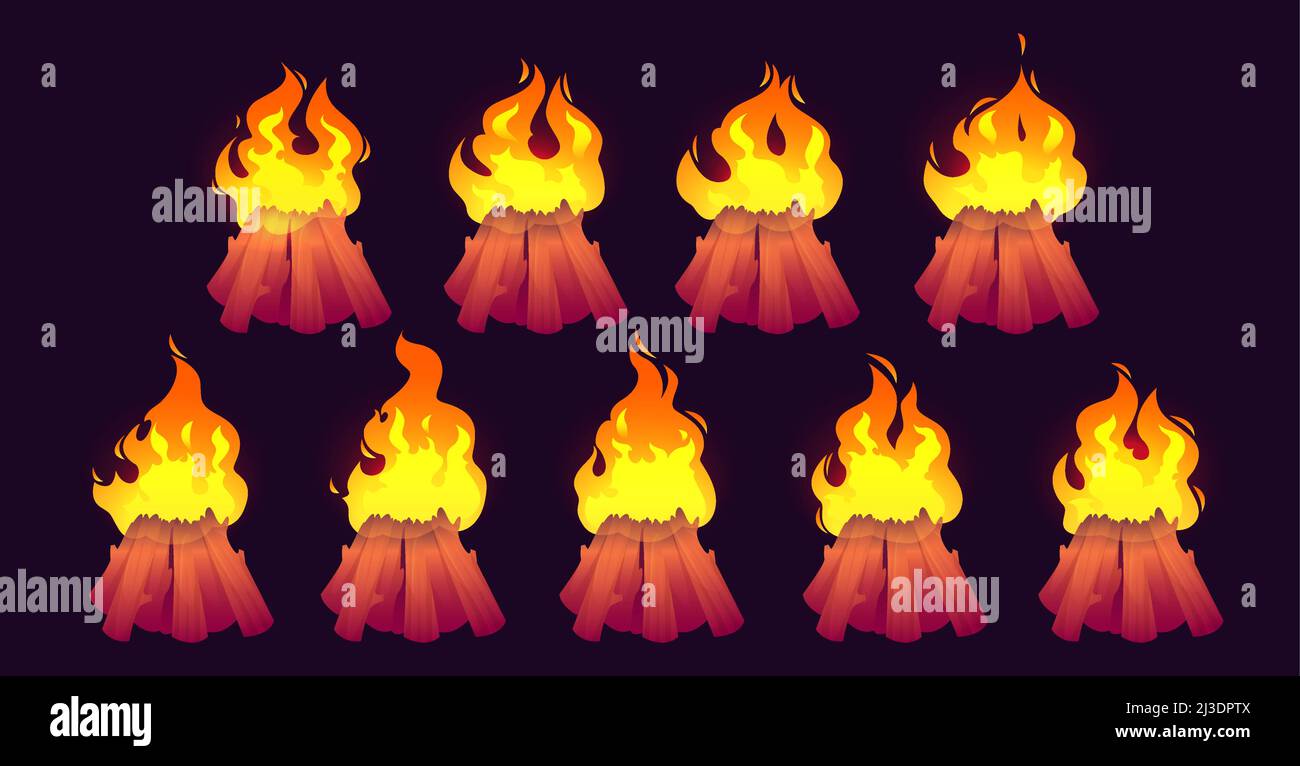 Cartoon burning camp fire flames with, campfire with woods and long ...