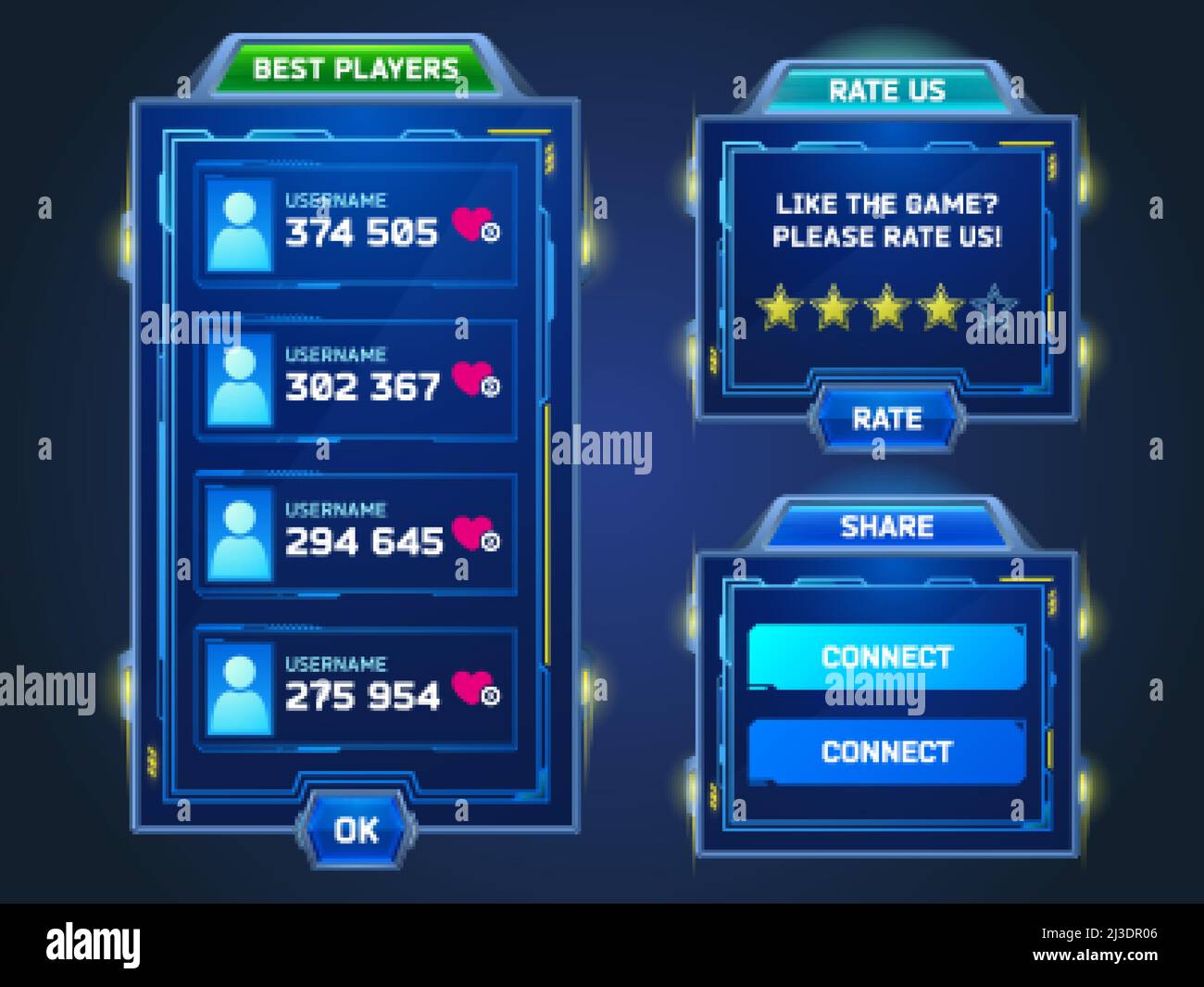 Game frames in sci fi style with best players list, rate and share ...