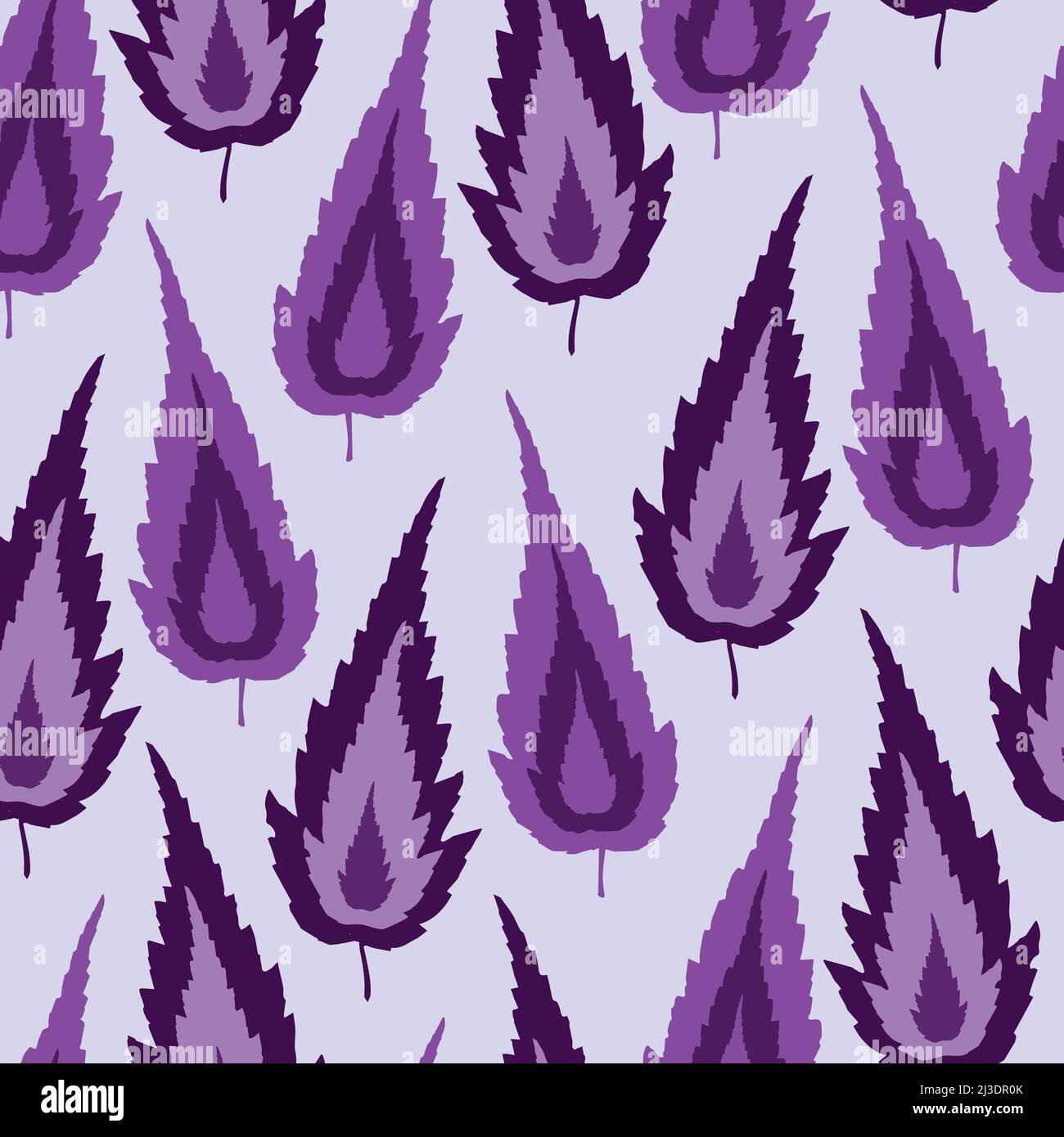 Hand drawn pointy leaf seamless pattern. Purple vector modern flame ...