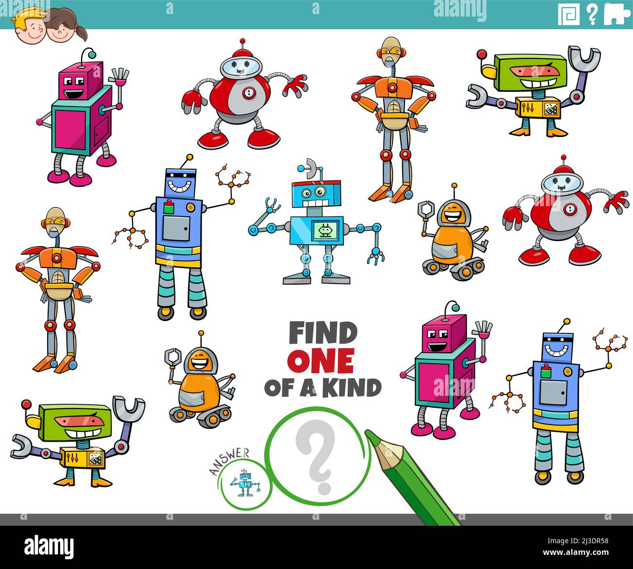 Cartoon illustration of find one of a kind picture educational game ...