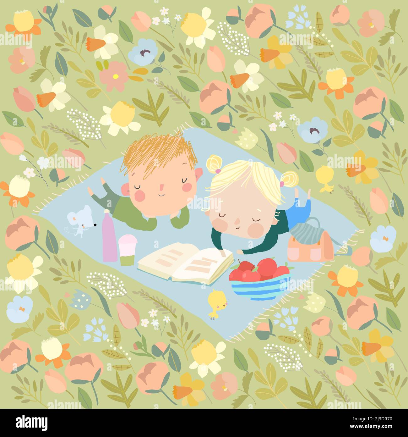 Cute Cartoon Kids reading Book on Flowers Meadow Stock Vector Image ...