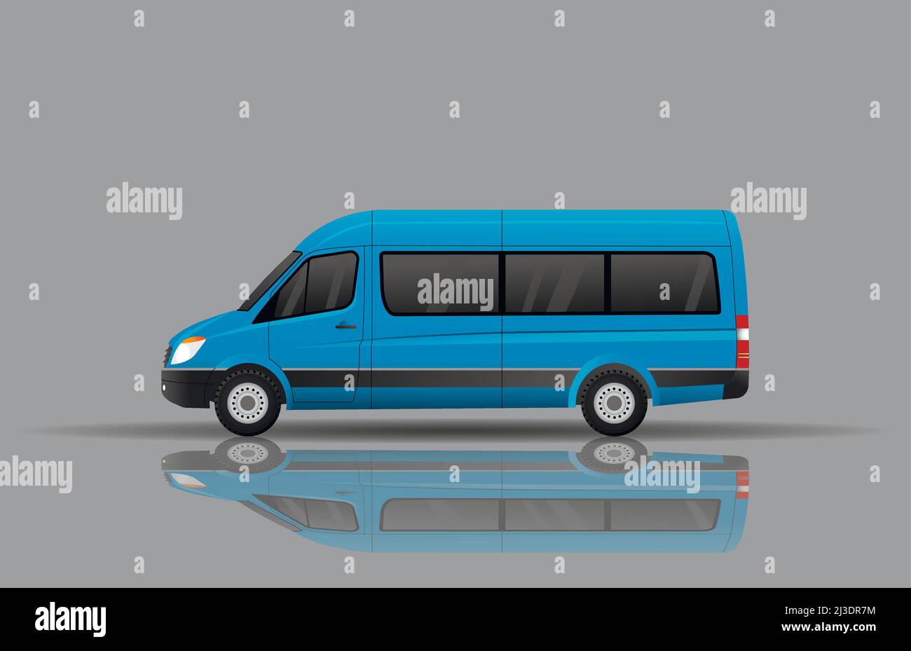 Blue passenger minibus, reflected on the ground. Urban transport. Flat ...