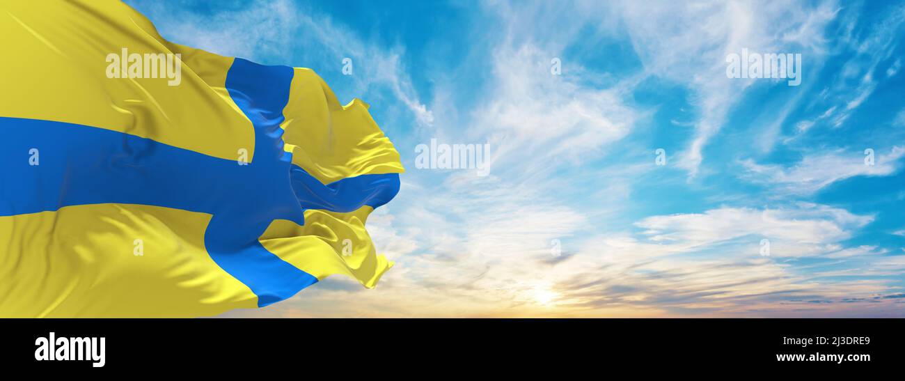 flag of Parma, Italy at cloudy sky background on sunset, panoramic view ...