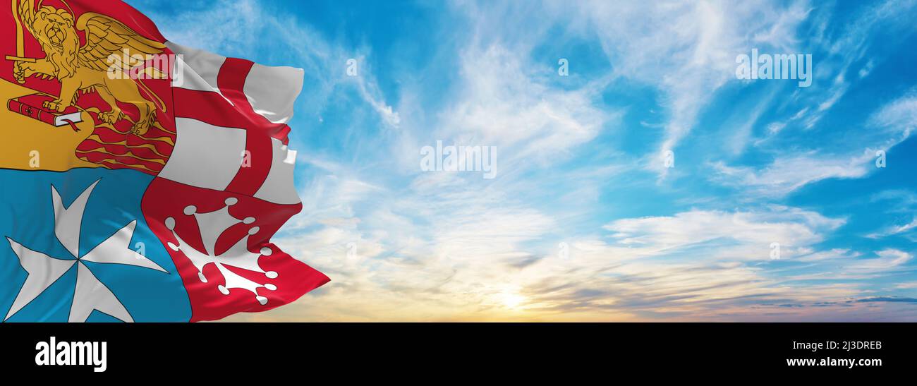 flag of Naval jack, Italy at cloudy sky background on sunset, panoramic ...