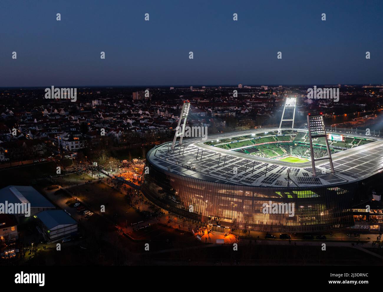 Aerial view on Illuminated Weserstadion, SV Werder Bremen stadium Stock ...
