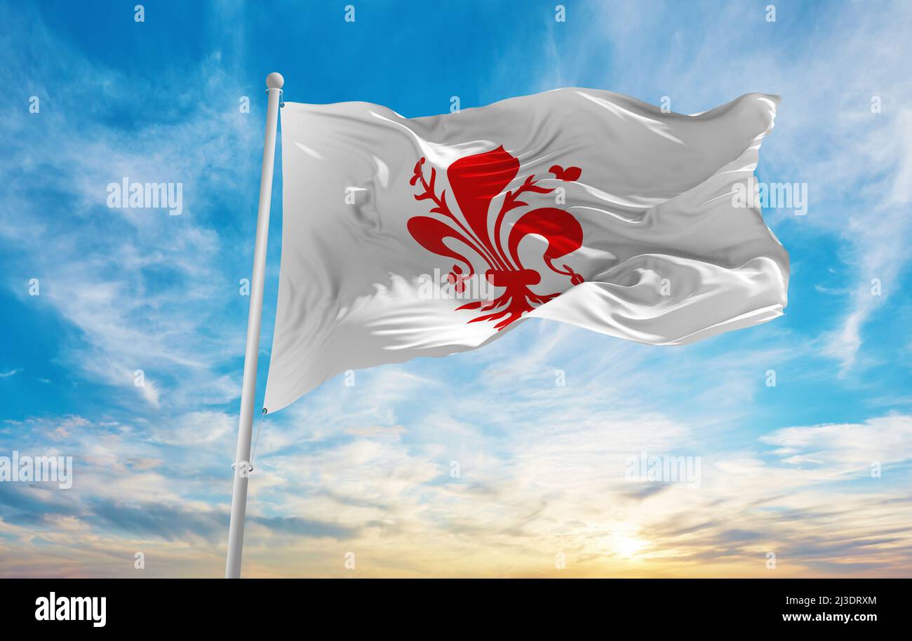flag of Florence, Italy at cloudy sky background on sunset, panoramic ...
