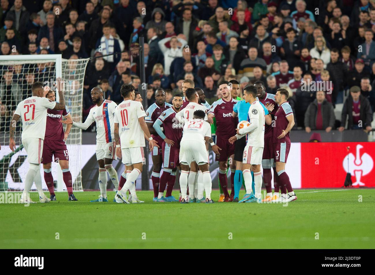 London, UK. 07th Apr, 2022. West Ham players protest after the red card ...