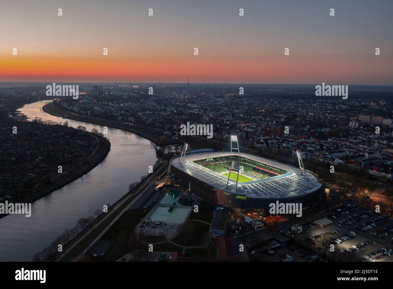 Aerial view on Illuminated Weserstadion, SV Werder Bremen stadium Stock ...