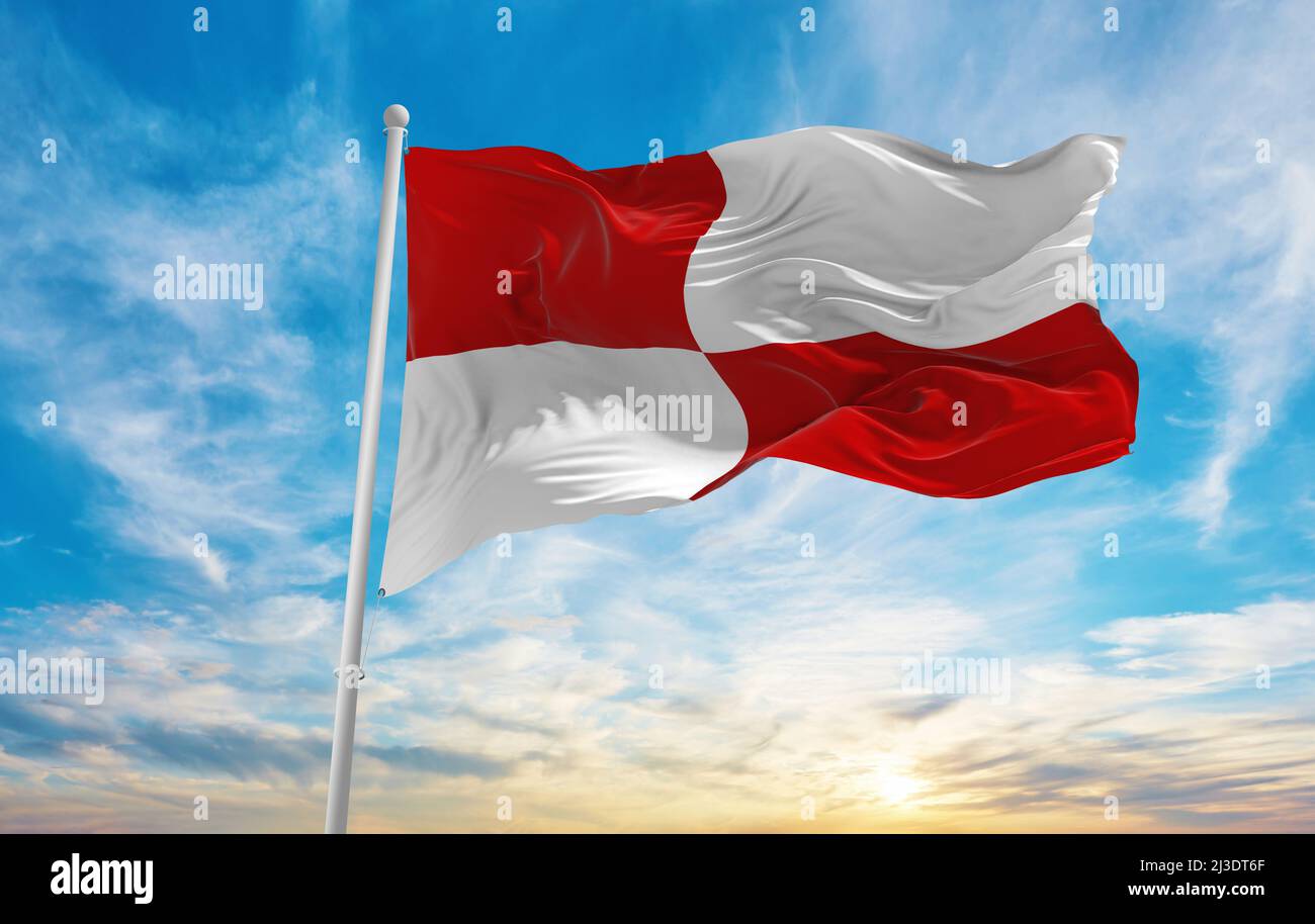 flag of Gaeta, Italy at cloudy sky background on sunset, panoramic view ...