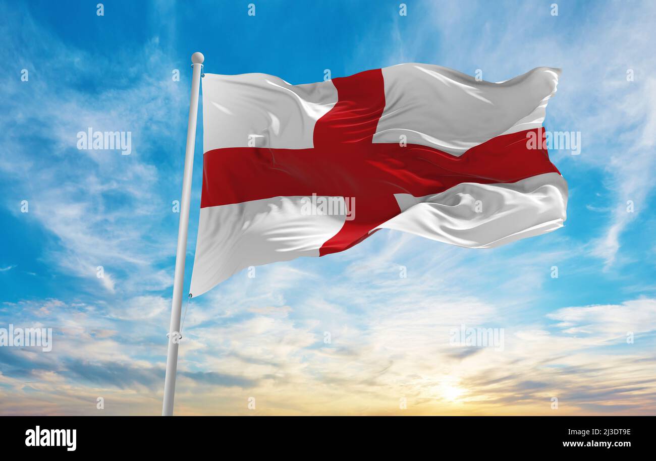 flag of Genoa, Italy at cloudy sky background on sunset, panoramic view ...