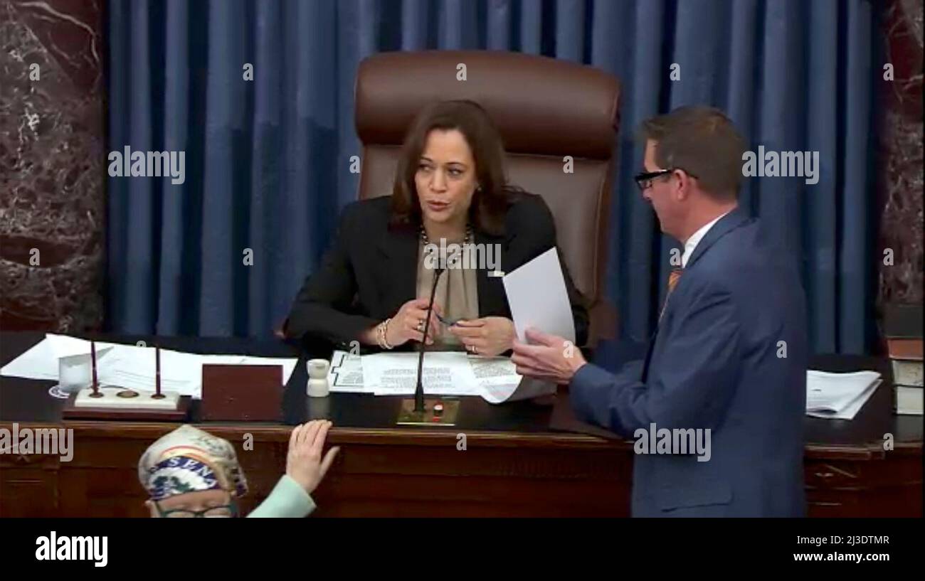 United States Vice President Kamala Harris announces the vote tally at ...