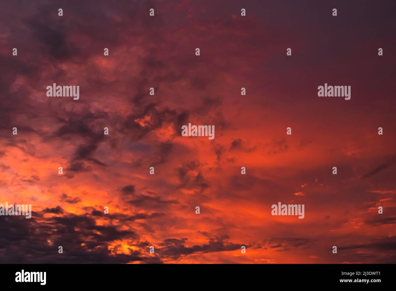 Red fiery sunset. Dramatic sky and clouds in rays of sun. Natural ...