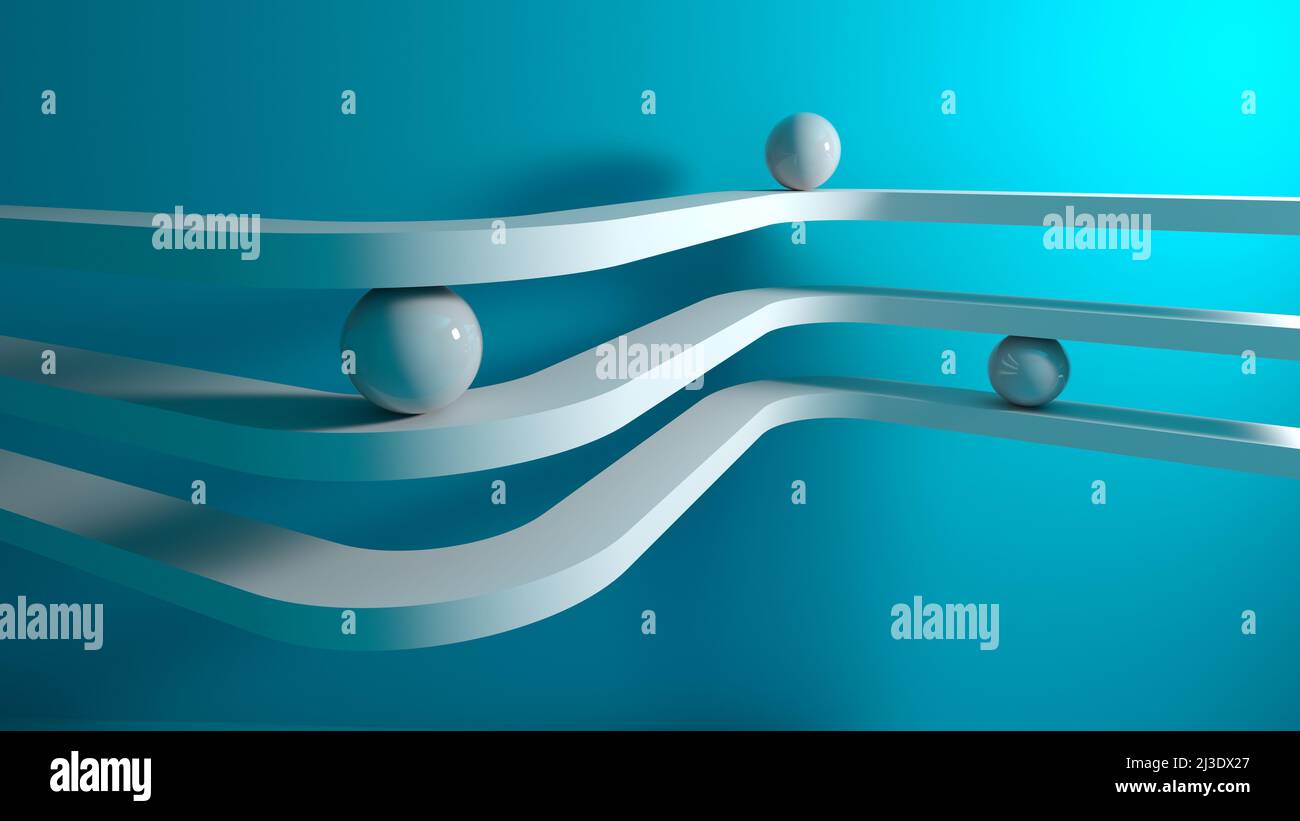 Abstract geometric background, an installation with three white spheres ...