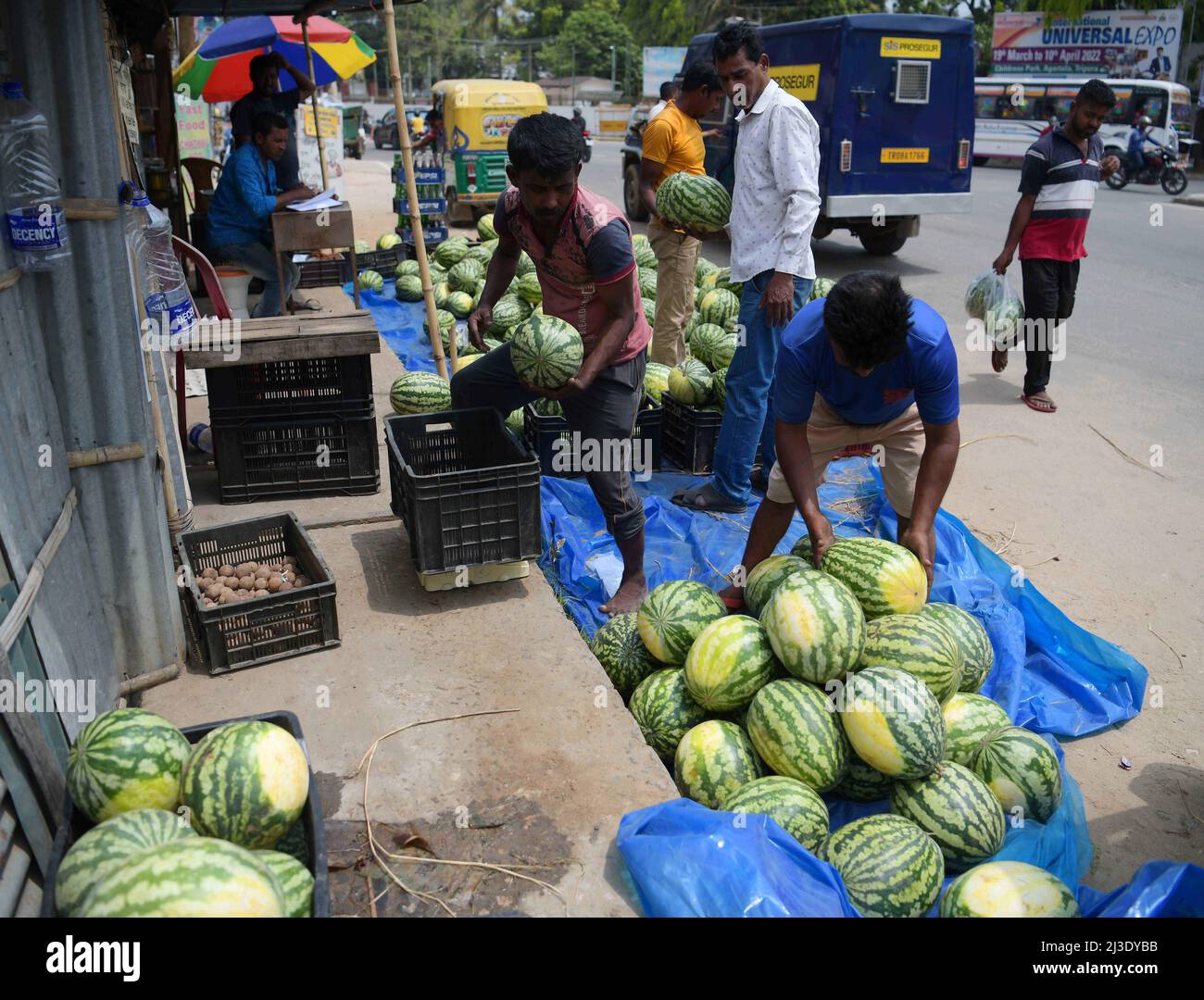 Vendors sell watermelons at a roadside fruit shop in Agartala. Tripura, India Stock Photo - Alamy