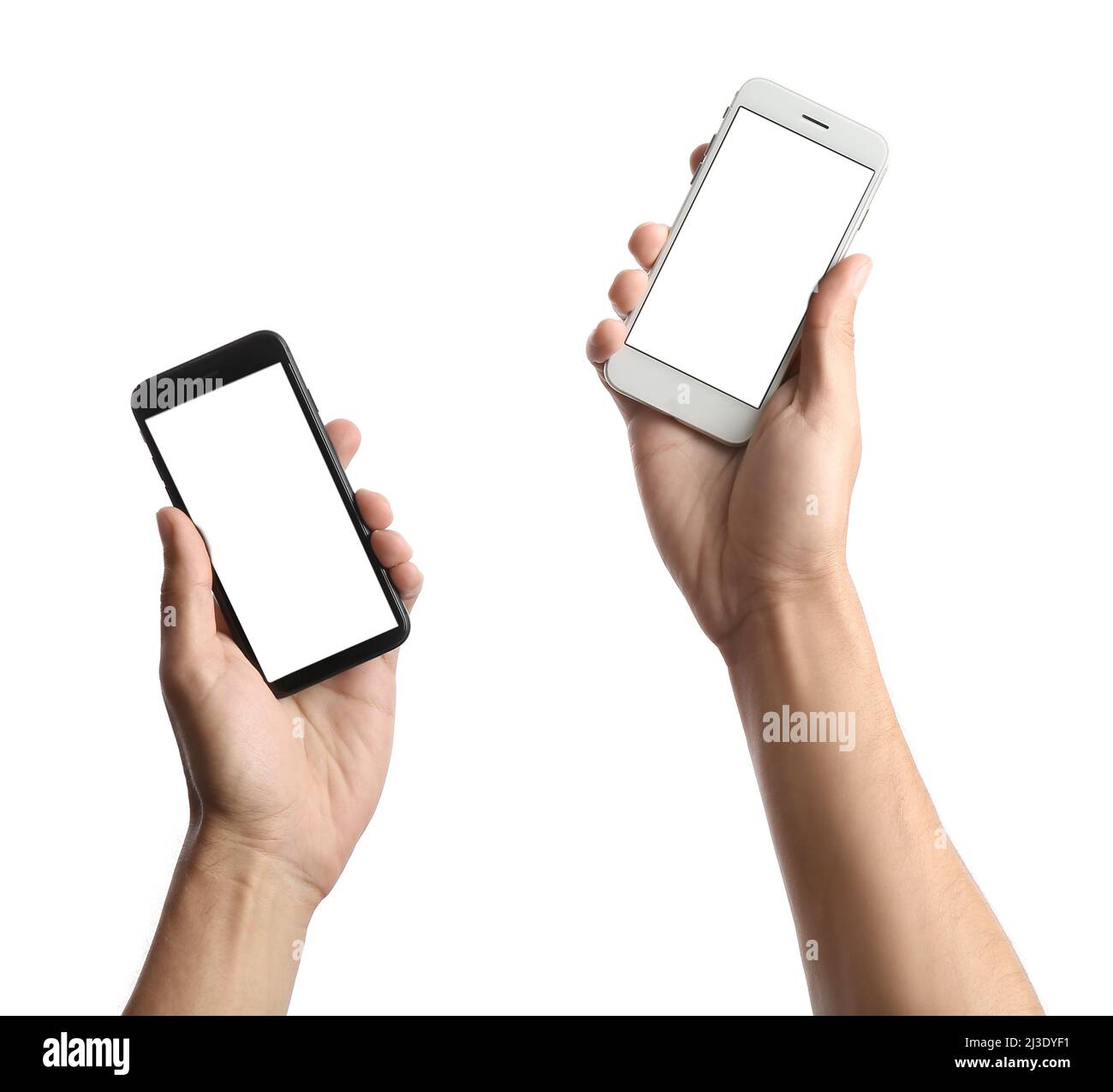 Male hands with mobile phones on white background Stock Photo - Alamy