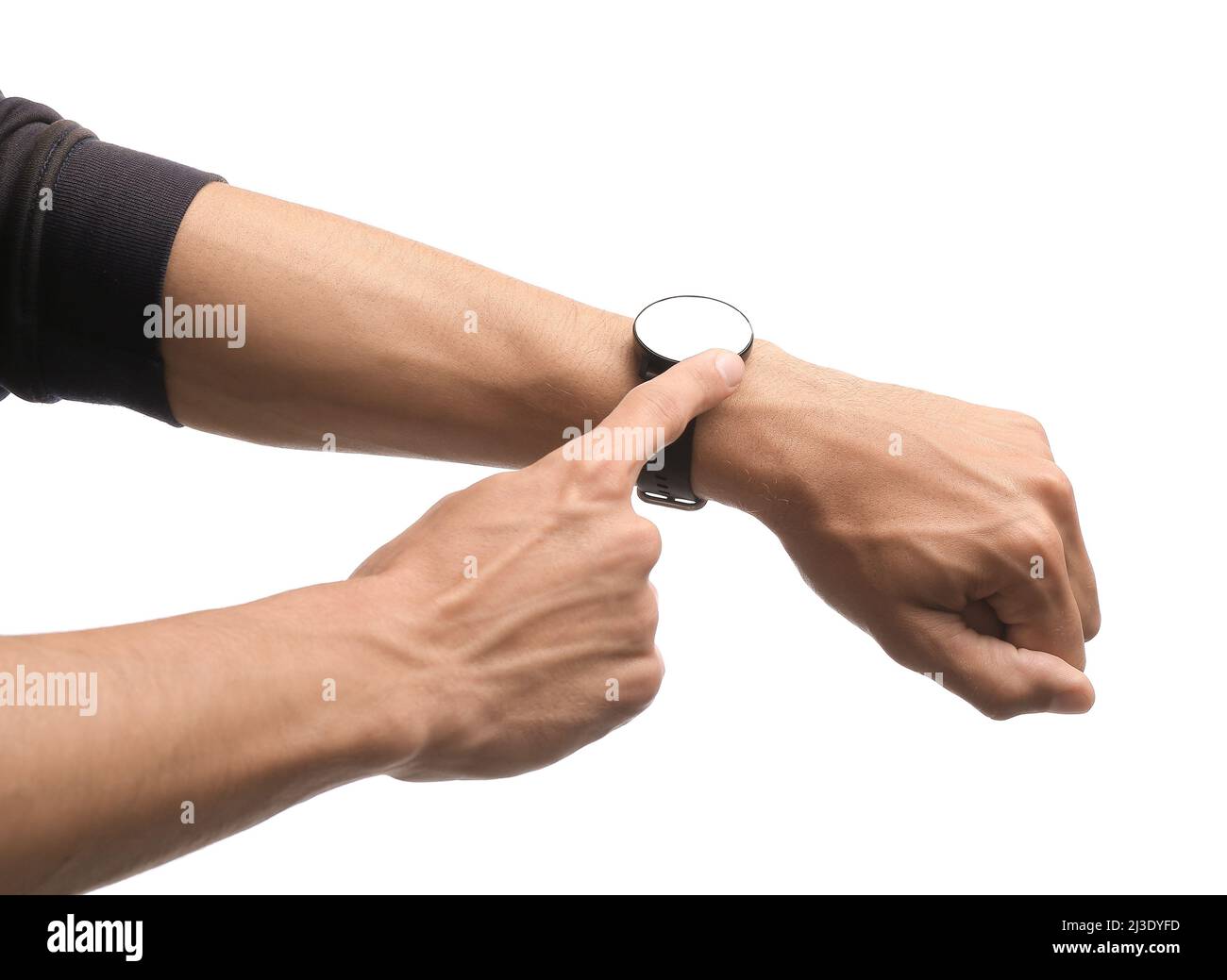 Male hands with modern smart wrist watch on white background Stock ...