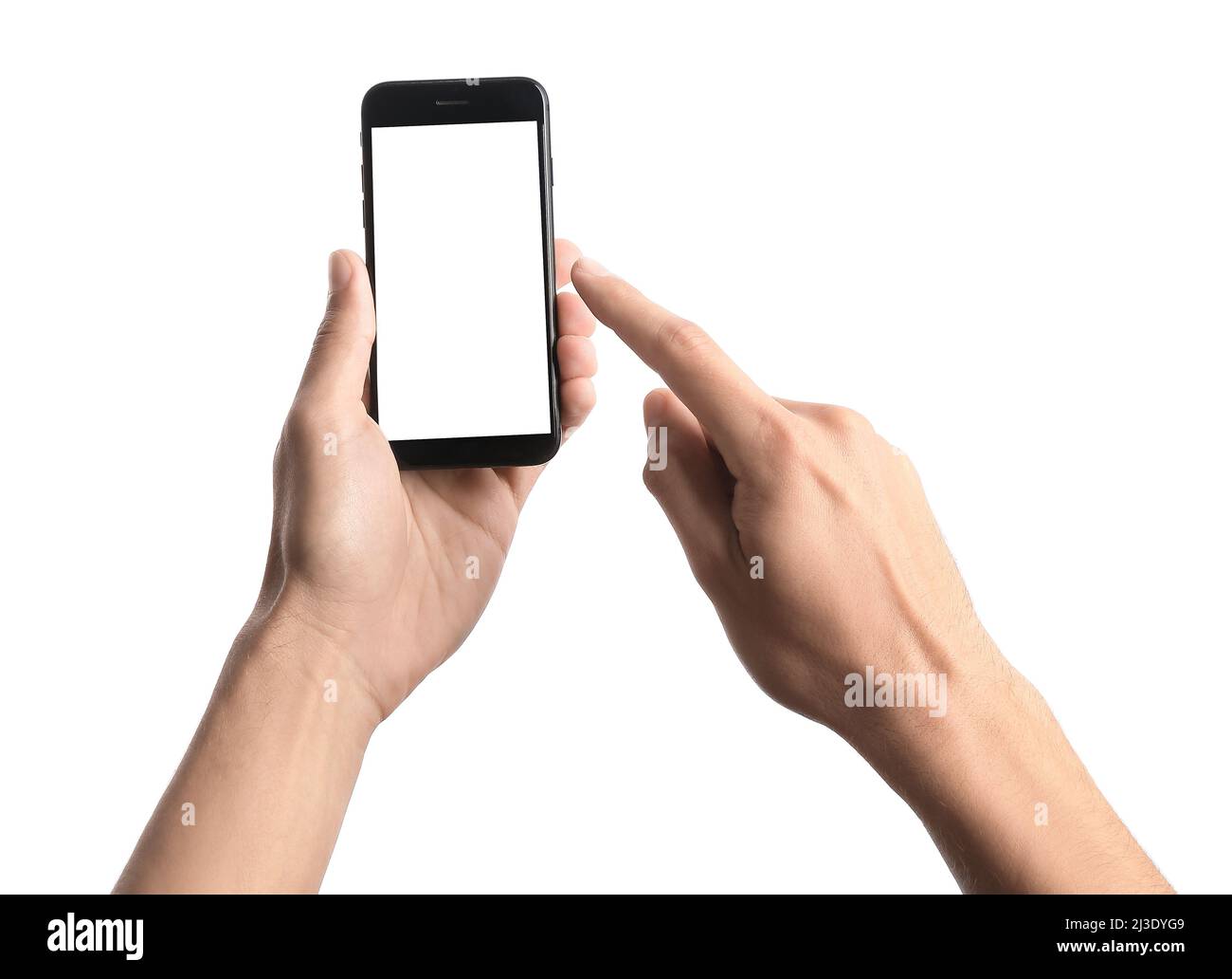 Male hands with mobile phone on white background Stock Photo - Alamy