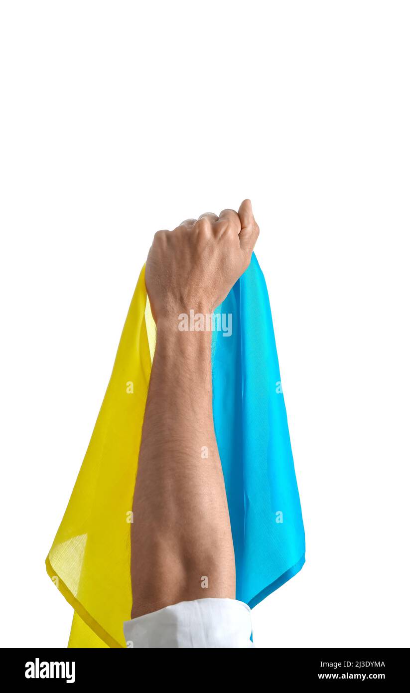 Male hand with national flag of Ukraine on white background Stock Photo ...