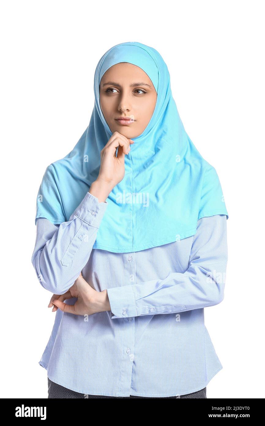 Portrait of thoughtful Muslim secretary on white background Stock Photo ...
