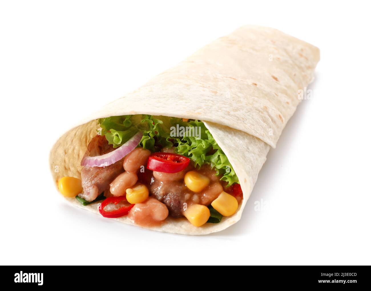Tasty burrito with meat on white background Stock Photo - Alamy