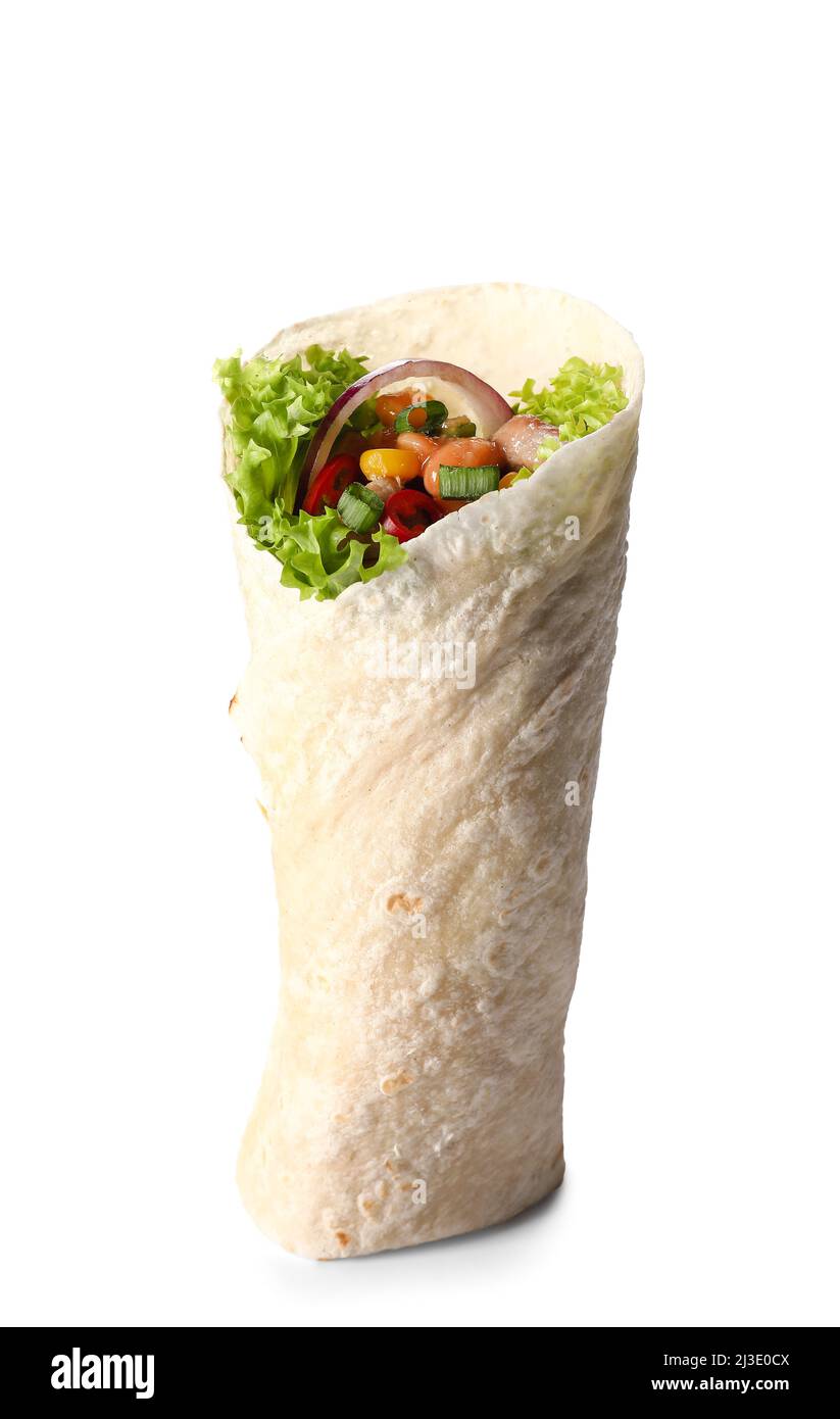 Tasty burrito with meat on white background Stock Photo - Alamy