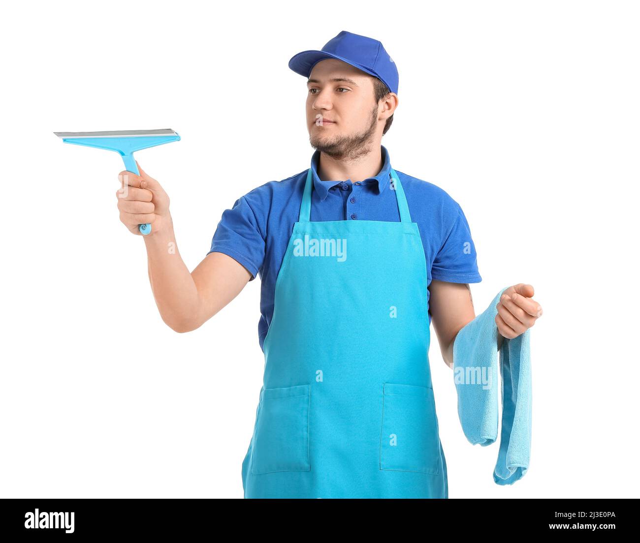 Worker of cleaning service on white background Stock Photo - Alamy