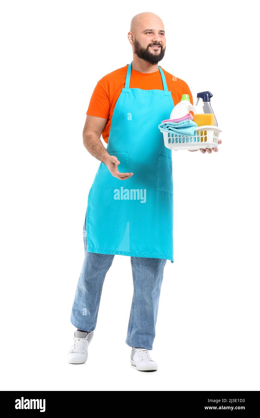 Bald man with cleaning supplies isolated on white Stock Photo - Alamy