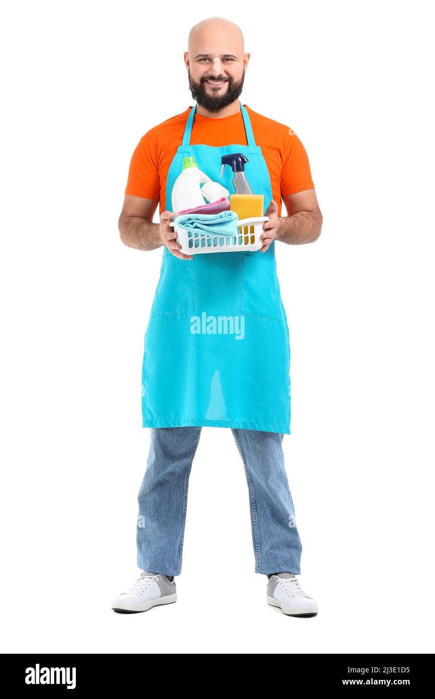Bald man with cleaning supplies isolated on white Stock Photo - Alamy