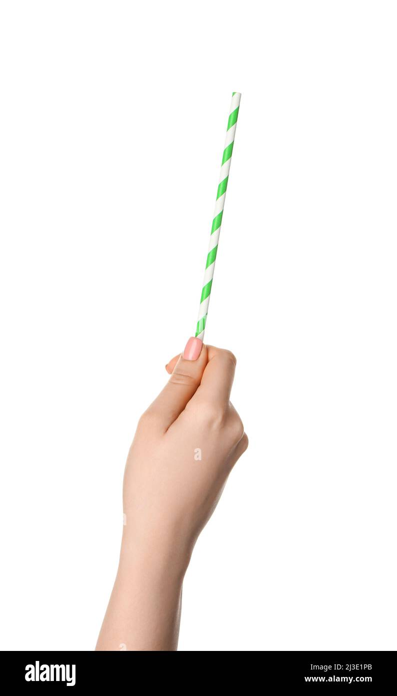 Female hand with stylish straw for drinks on white background Stock ...