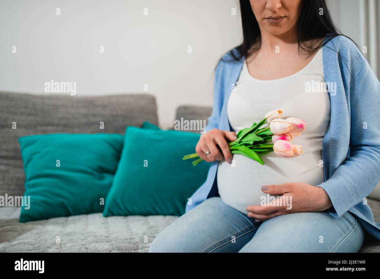 White-pink tulips flowers are on big pregnancy belly.Caucasian female ...