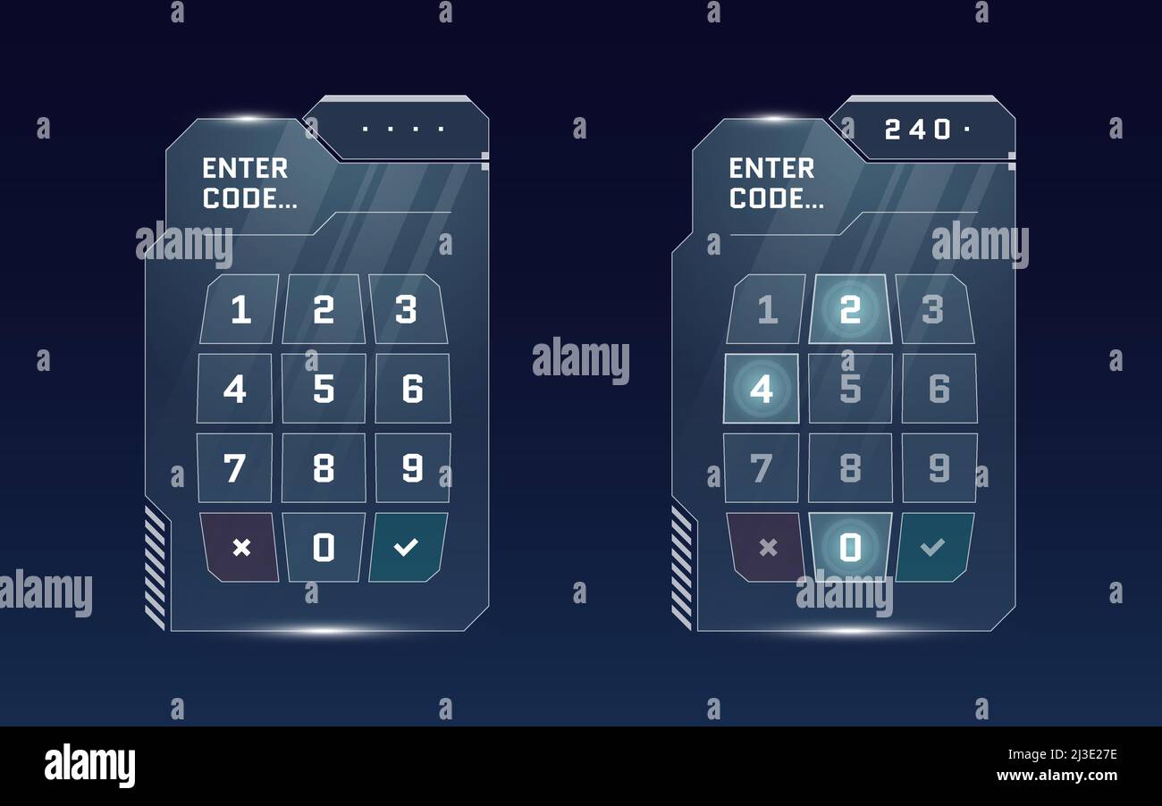 HUD digital futuristic user interface PIN code entry panel set. Sci Fi ...