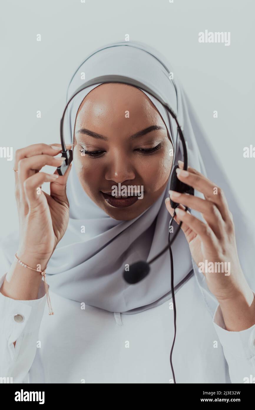 African muslim female with hijab scarf customer representative business ...