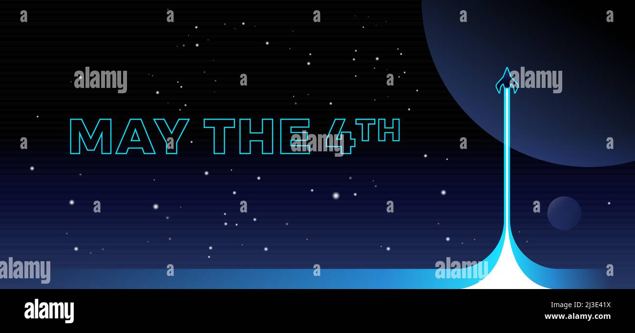 May the 4th abstract space background with a spaceship, planet and blue ...