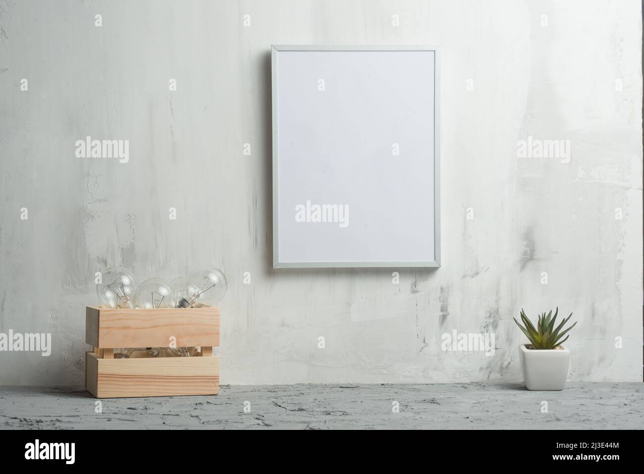 Empty white frame with a flower and bulbs on the wall background. The ...