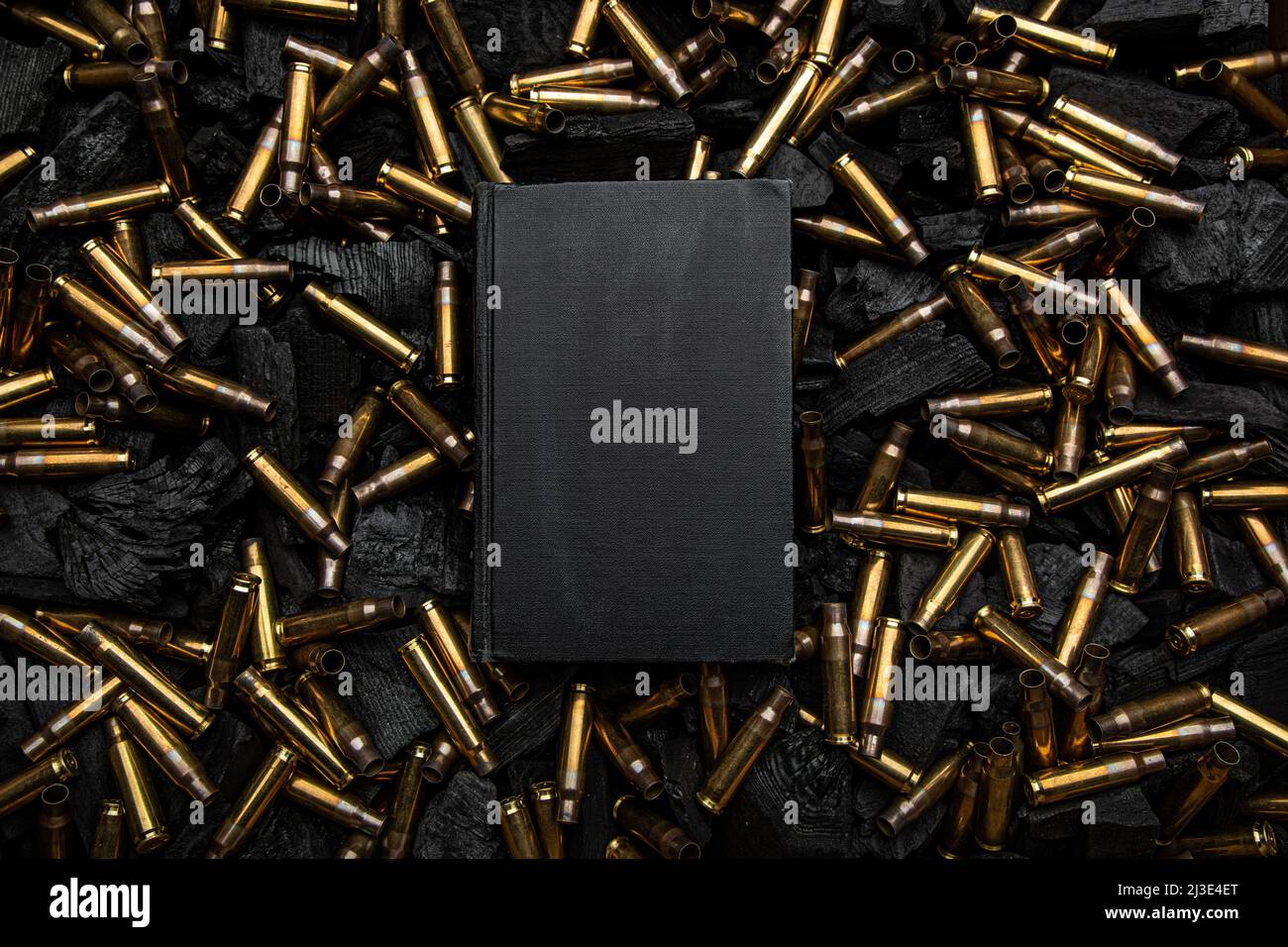 Cover of a black closed book. Empty gun cases lying on charred coals ...