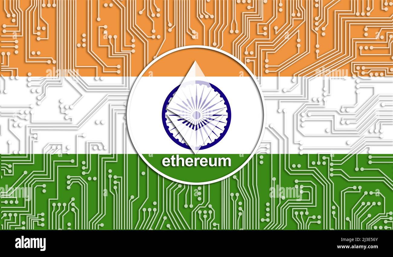 flag of India and ethereum coin, Integrated Circuit Board pattern ...