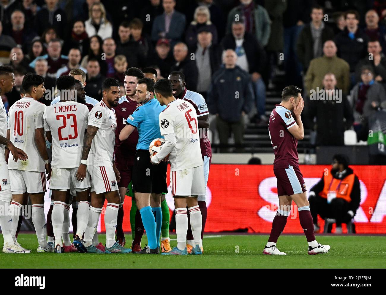 London, UK. 6th Apr, 2022. Aaron Cresswell (West Ham) holds his head in ...