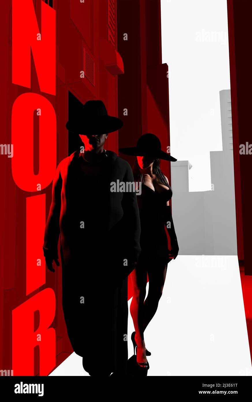 3d render illustration of sexy noir lady in black dress and hat with ...